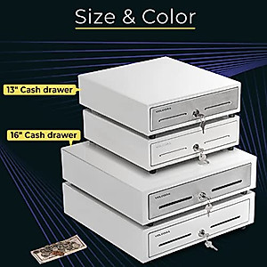 Volcora 13" Cash Register Drawer for Point of Sale (POS) System with Fully Removable 2 Tier Cash Tray, 4 Bill/5 Coin, 24V, RJ11/RJ12 Key-Lock, Double Media Slot, Small Square Money Drawer, White