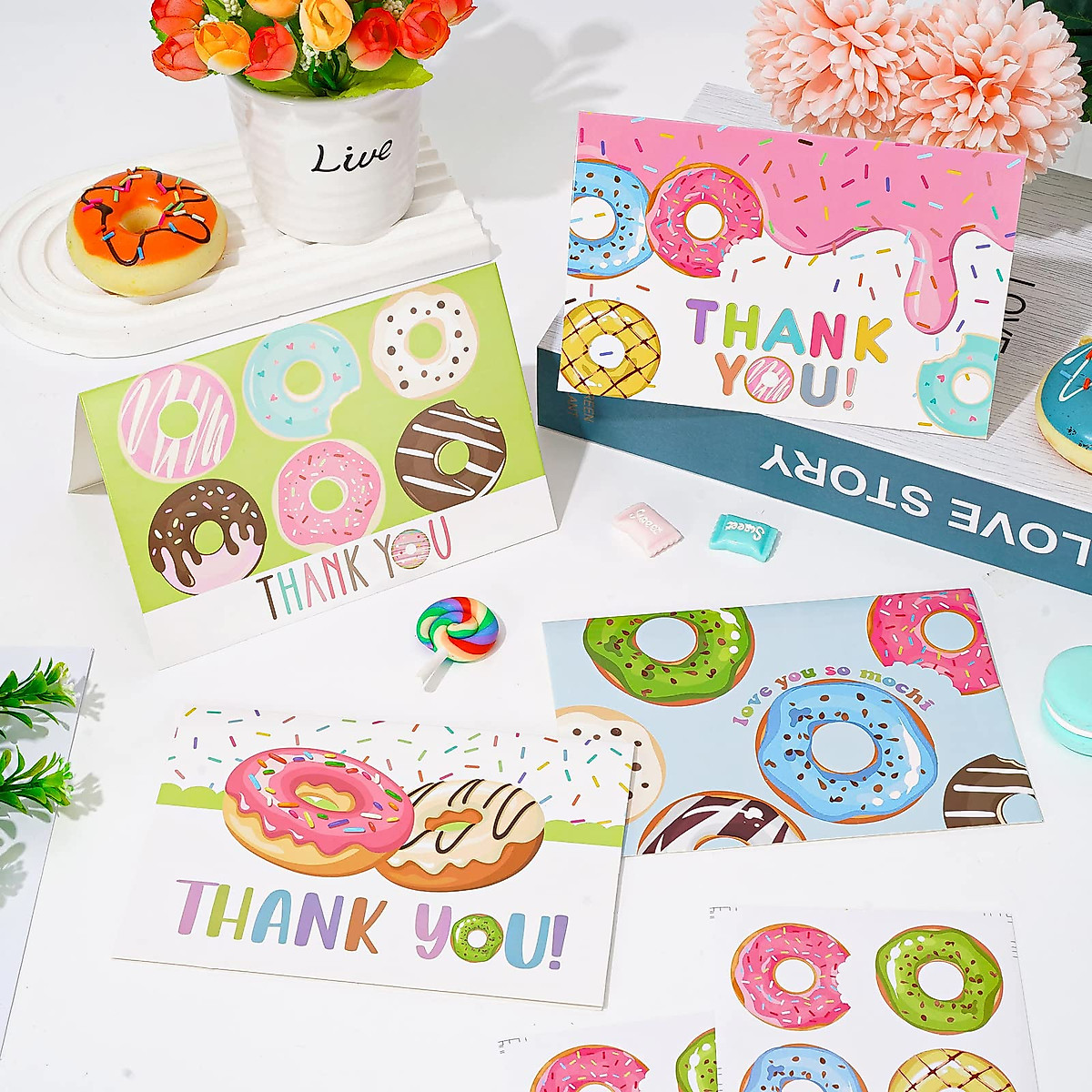 AnyDesign 36 Pack Donut Thank You Cards with Matching Seal Stickers Envelope Assorted Cartoon Doughnut Greeting Blank Note Cards for Baby Shower Wedding Birthday Party Business Stationery