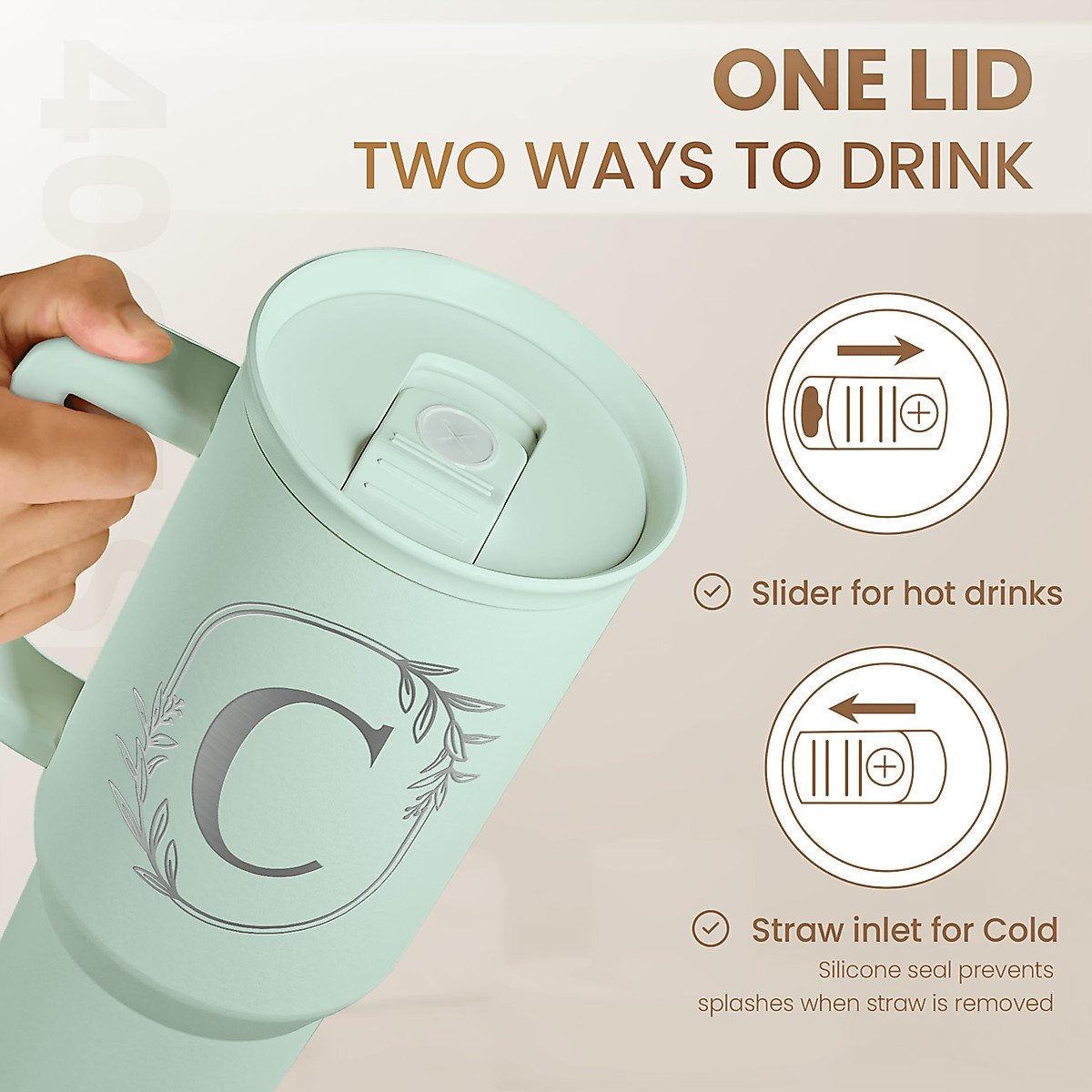 Personalized Monogrammed Tumbler with Handle 40oz, Letter C Tumblers Insulated Coffee Travel Cup, Custom Initial Gift for Women Girls Friends, Monogram Gift for Christmas Birthday Mothers Day