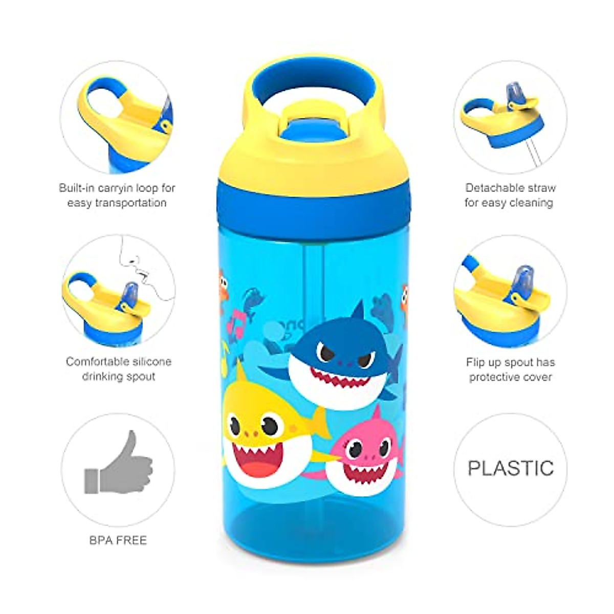Zak Designs Baby Shark Kids Water Bottle with Straw and Built in Carrying Loop Made of Durable Plastic, Leak-Proof Design (16 oz