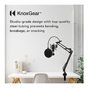 Knox Gear Boom Arm Microphone Stand for Podcasts, Studio Recording, Radio Broadcast, and Gaming, Microphone Desk Stand with 360-degree Rotation, Black Microphone Stand with 5/8-inch Screw Adapter