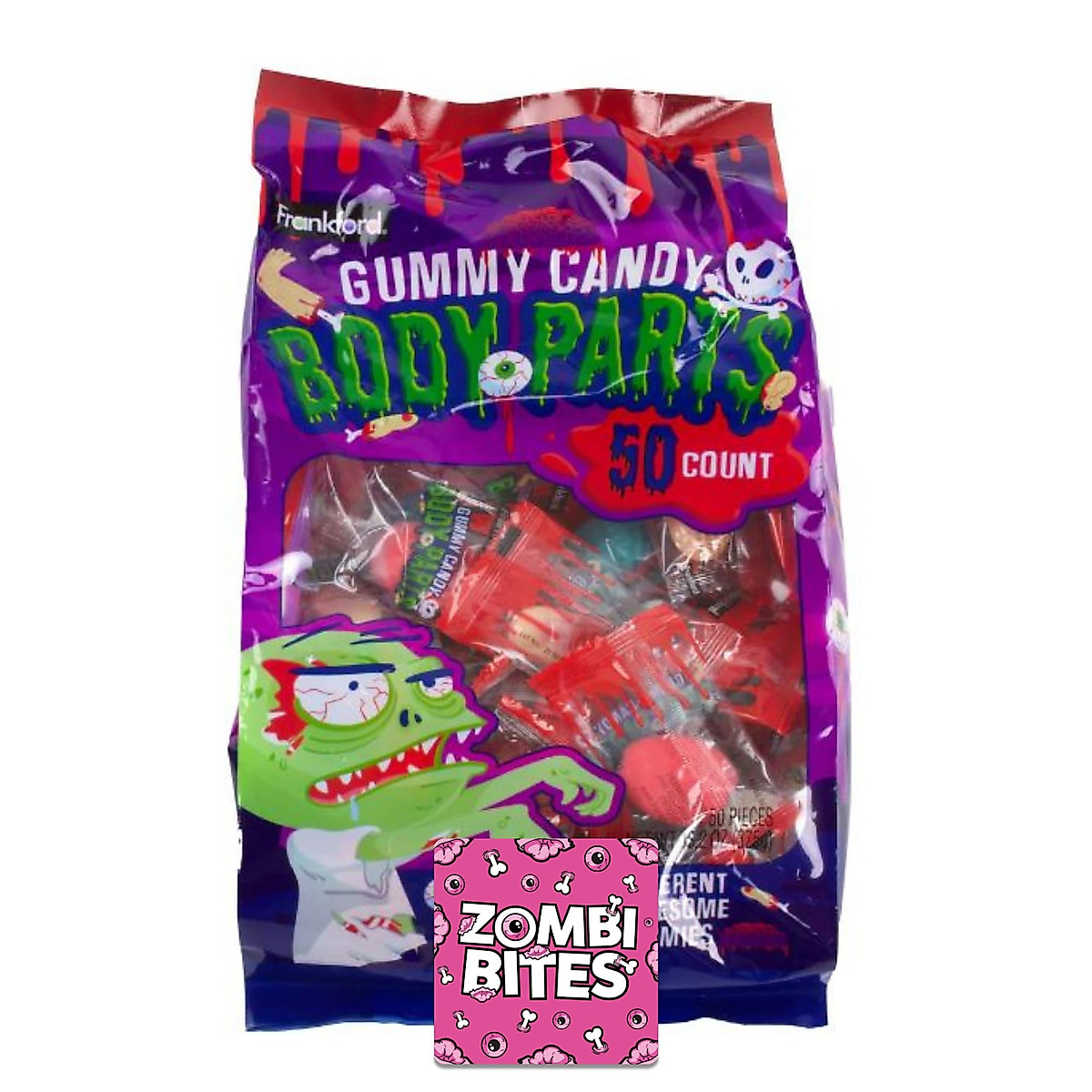 Gummy Candy Pack by Zombibites. Features One-13.2 Oz 50 Ct of Frankford's Body Parts Gummies Candies. Assorted Body Parts Candy for Halloween Gummies Candy. And a Free Zombibites Fridge Magnet!