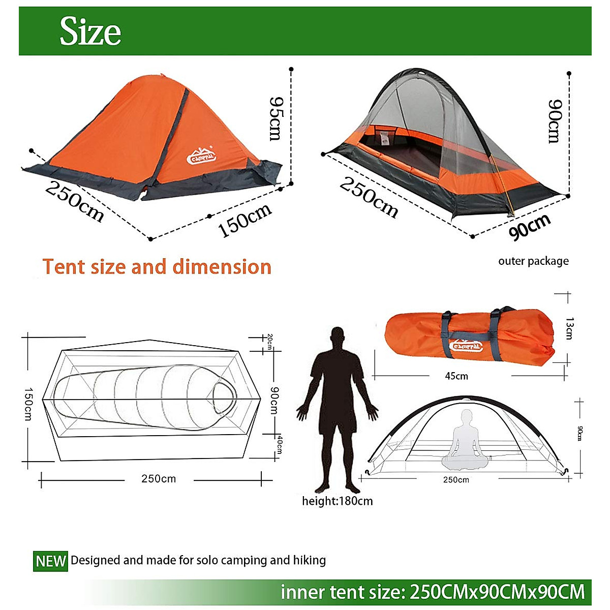 camppal 1 Person Tent Backpacking Camping Hiking Mountain Hunting Tent Lightweight and Waterproof for 4 Season Extreme Space Saving Single Bracket (Orange-with skirt)