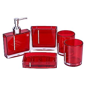 POCREATION Bathroom Designer 5-Piece Bath Accessory Set,AcrylicGift Set Toothbrush Holder Toothbrush Cup Soap Dispenser Soap Dish Toilet Brush Holder Trash Can Tumbler Straw Set Bathroom,Red