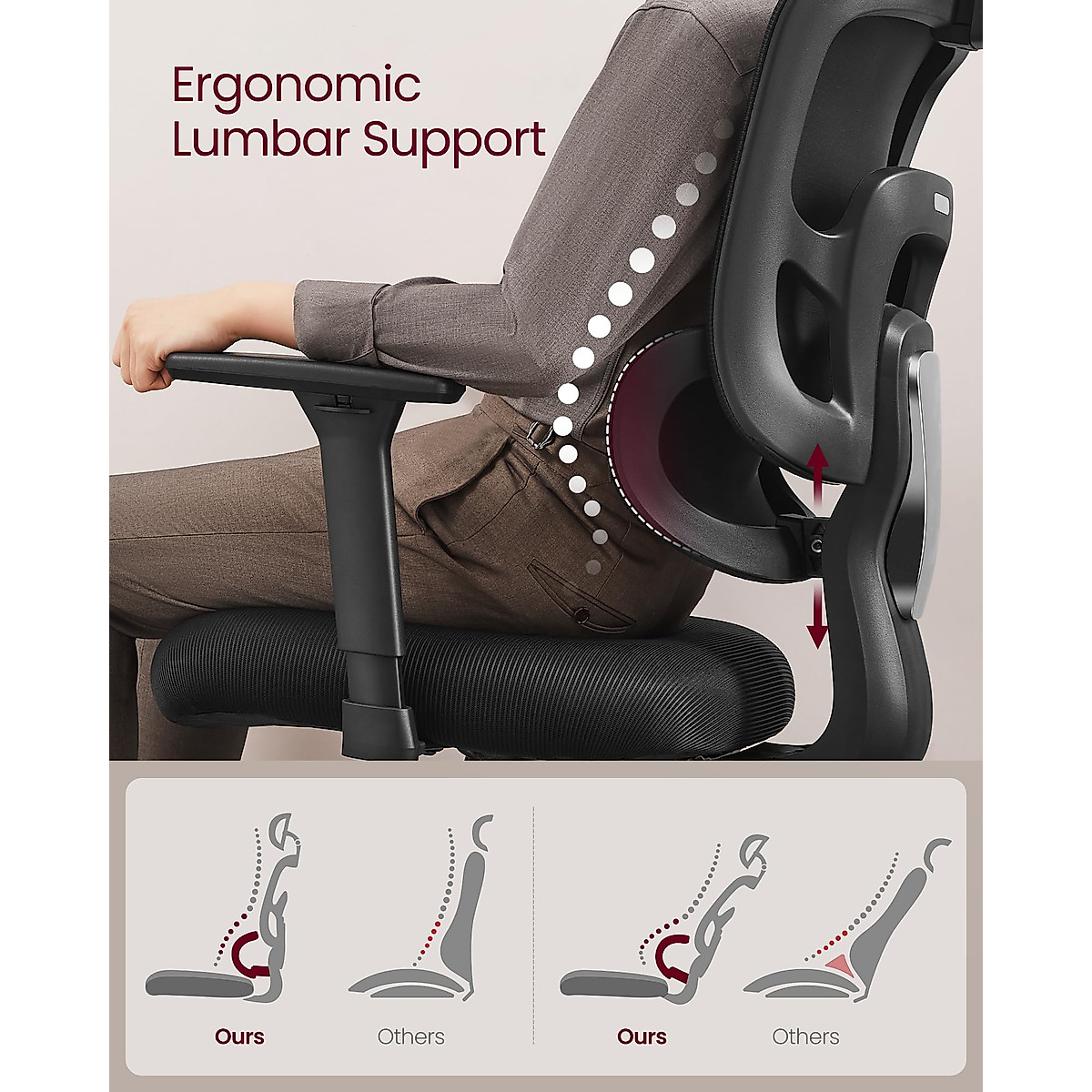 VASAGLE Ergonomic Office Chair, High Back Desk Chair, Mesh Computer Chair with Height Adjustable Lumbar Support, Adjustable 3D Headrest and Armrests, for Home Office, Ink Black UOBN070B21