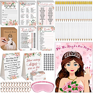 Blueweenly 9 Sets Wedding Bridal Shower Games for 50 Guests - Put a Ring, Would She Rather, Guess The Dress, How Many, Guess Who, Pin The Ring, Wishes