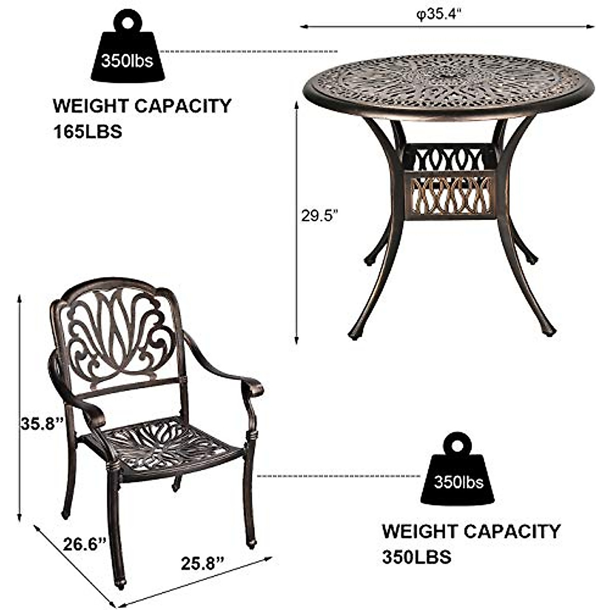 Grepatio 3 Piece All Weather Cast Aluminum Dining Set - 2 Elizabeth Chairs and 35.4" Bistro Table with Umbrella Hole -Outdoor Furniture Dining Set for Patio