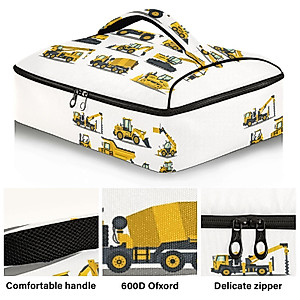 Yellow Construction Excavators, Tractors, Bulldozers, Trucks Reusable Insulated Pizza Bag, Waterproof Food Delivery Bag, with Handle Lid Leakproof Pizza Holder Tote for Hot or Cold Food