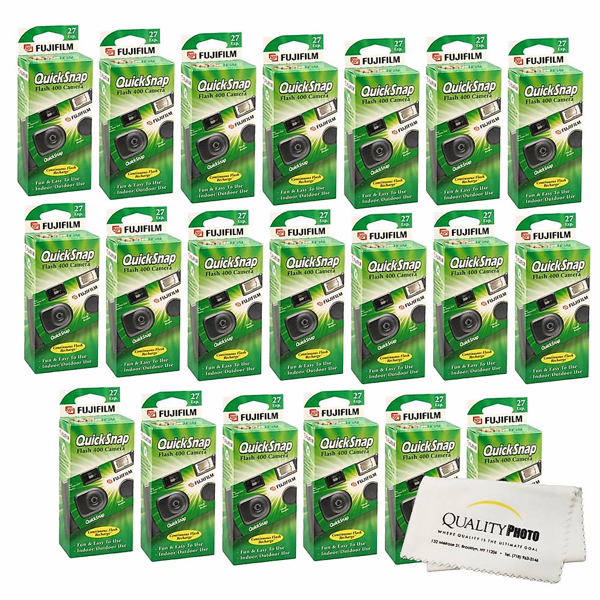 Fujifilm QuickSnap Flash 400 Disposable 35mm Camera 20 Pack Bonus Hand Strap Microfiber Cloth
