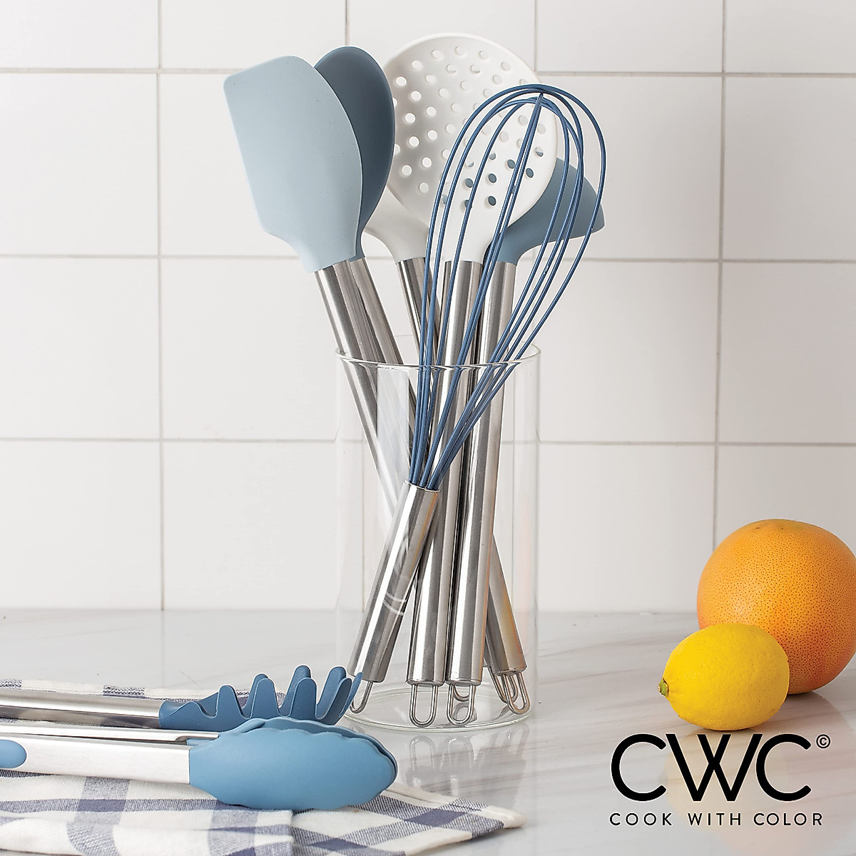 COOK WITH COLOR Silicone Cooking Utensils, Kitchen Utensil Set, Easy to Clean Silicone Kitchen Utensils, Cooking Utensils for Nonstick Cookware, Kitchen Gadgets Set, 10 Pieces, Blue and White