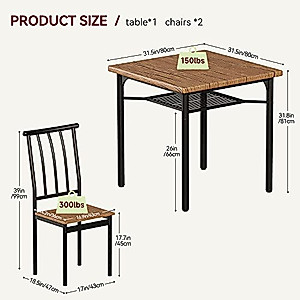 IDEALHOUSE Dining Table Set, Kitchen Table and Chairs for 2 with Wine Rack, 3 Piece Metal and Wood Square Dining Room Table Set for Small Space, Apartment, Rustic Brown