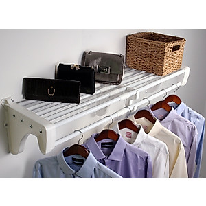 EZ Shelf-Expandable-Closet Shelf with Hanging Rod- 30” to 50” -White-Easy Install to Backwall(Floating)-Wire Closet Shelving Alternative-(EZS-SCRW48-1-2)