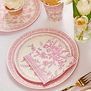 Coterie Pink Floral Paper Cocktail Napkins (Set of 25) | Beautiful Pink and White Toile Paper Napkins For Bridal and Baby Shower, Tea Party, Garden Party, Birthday Party | 5” Fancy Paper Napkins