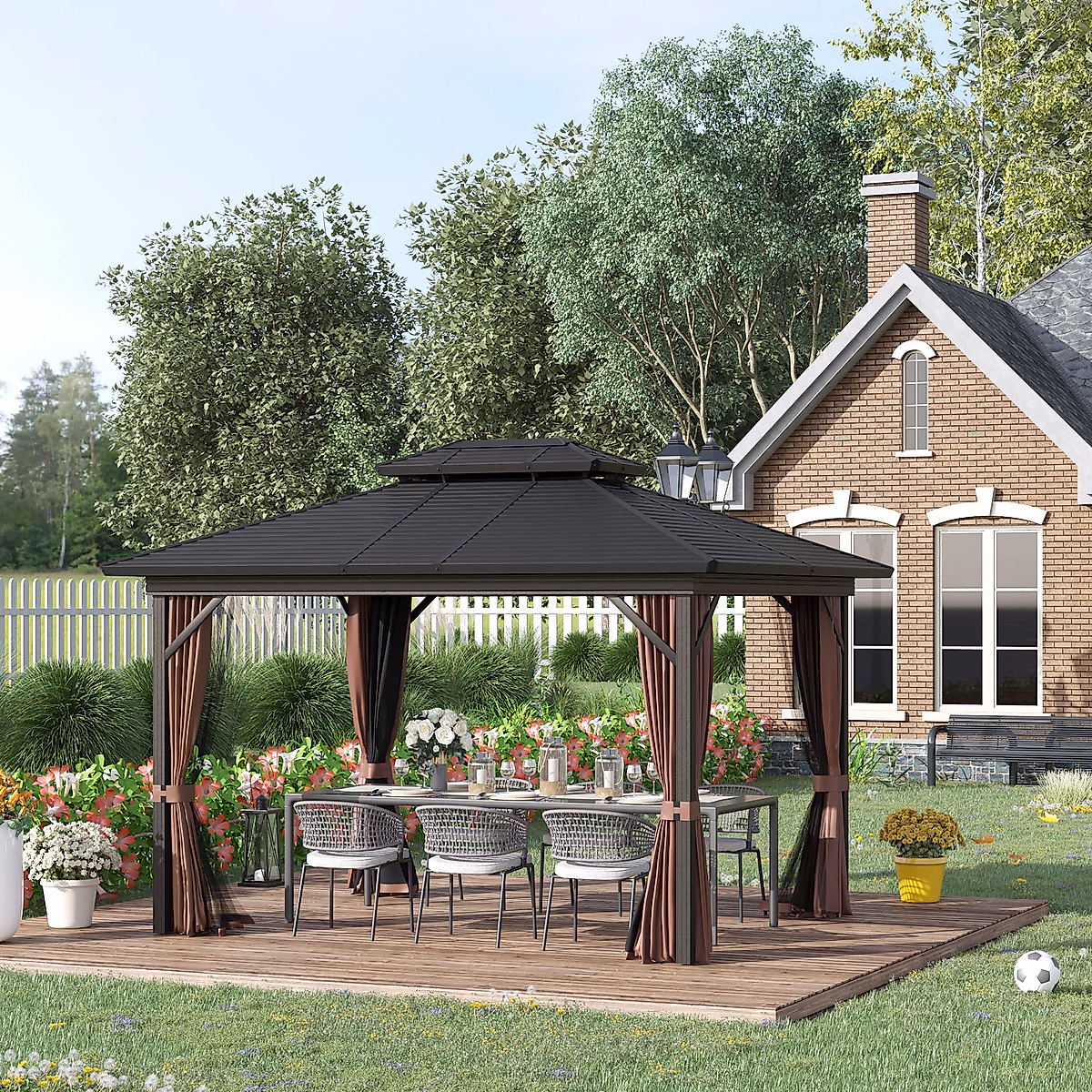 Outsunny 10' x 12' Hardtop Gazebo with Curtains and Netting, Permanent Pavilion Metal Double Roof Gazebo Canopy with Aluminum Frame and Hooks, for Garden, Patio, Backyard, Brown