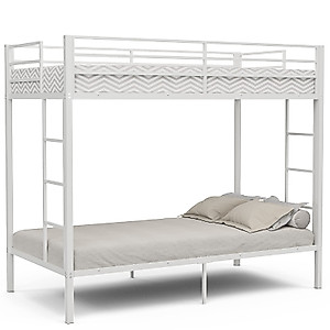 IKIFLY Metal Twin Over Twin Bunk Bed, Heavy Duty Twin Bunk Bed Frame with 2 Built-in Ladders, Safety Guard Rail, Space-Saving Design, for Kids, Teens, Adults - No Box Spring Needed - White