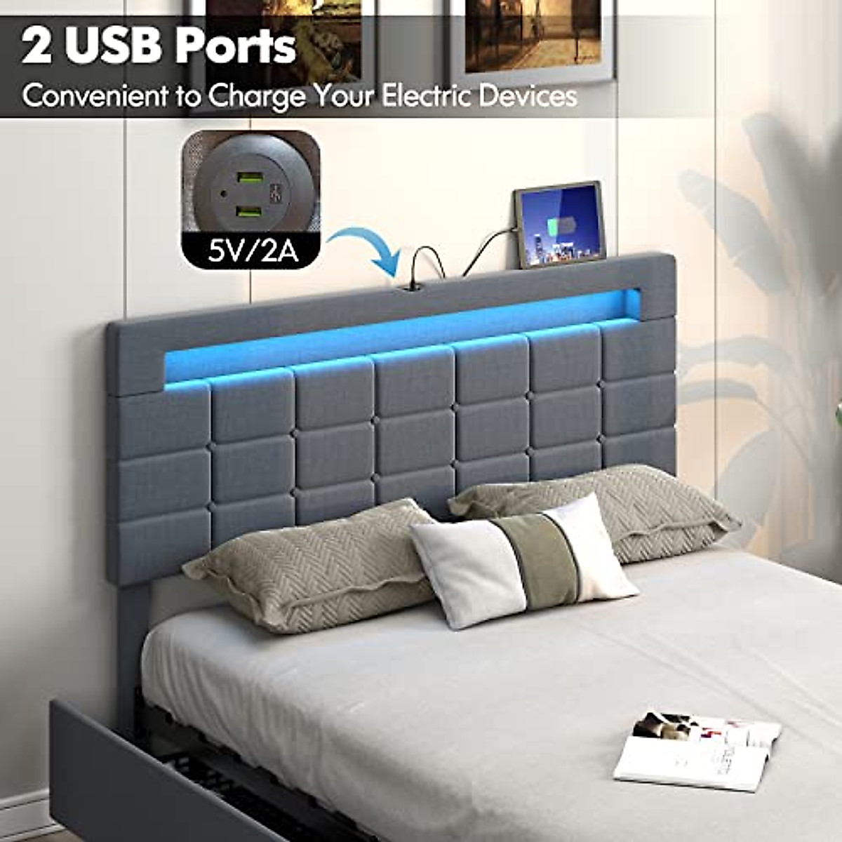 Giantex Queen Bed Frame with LED Lights and 4 Drawers, Upholstered Platform Bed Frame with USB Ports, Tufted Adjustable Headboard Design, Solid Wooden Slat Support, No Box Spring Needed