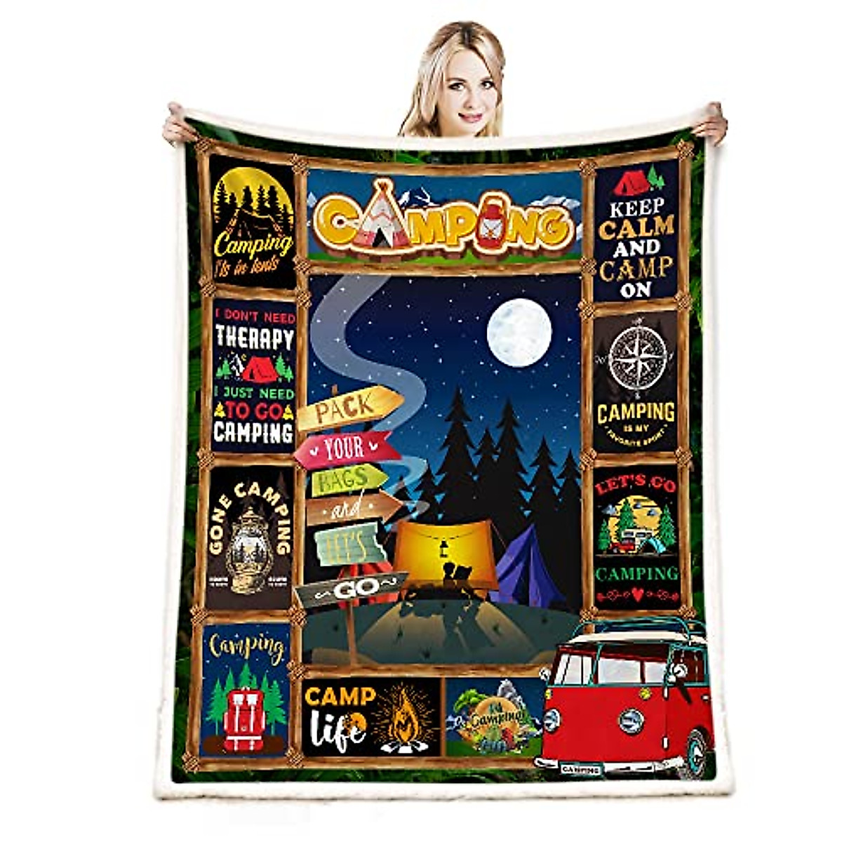 Onecmore Camping Blanket for Women and Men Gifts for Camping Lovers Happy Camping Camping Bus Soft Lightweight Warm and Comfortable Throw Blanket Blanket for Living Room Couch Chair Bed Sofa 50"x60"
