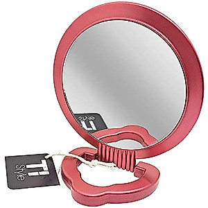 Double Sided Magnifying Mirror - Vanity Round Makeup Mirror with 1x and 5x Magnification - Mirror Stand with Adjustable Handle - Light, Compact Mirror - Portable, Standing Mirror for Travel (Red)