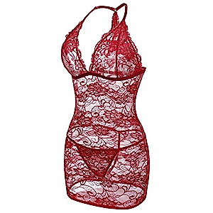 Gladiolus Sexy Womens Lingerie Strap Lace Mini Dress Babydoll Teddy Nightwear Dark Red S