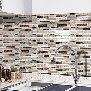 Art3d Peel and Stick Backsplash Tiles for Kitchen, 10-Sheet Stick on Wall Tiles for Kitchen Bathroom Laundry Room Back Splashes, 12 x 12 Inch, Brown Stone Design