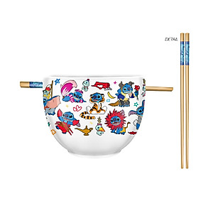 Silver Buffalo Disney Lilo and Stitch Ceramic Ramen Bowl with Chopsticks Featuring Stitch and Scrump, Microwave Safe, 20 Ounces