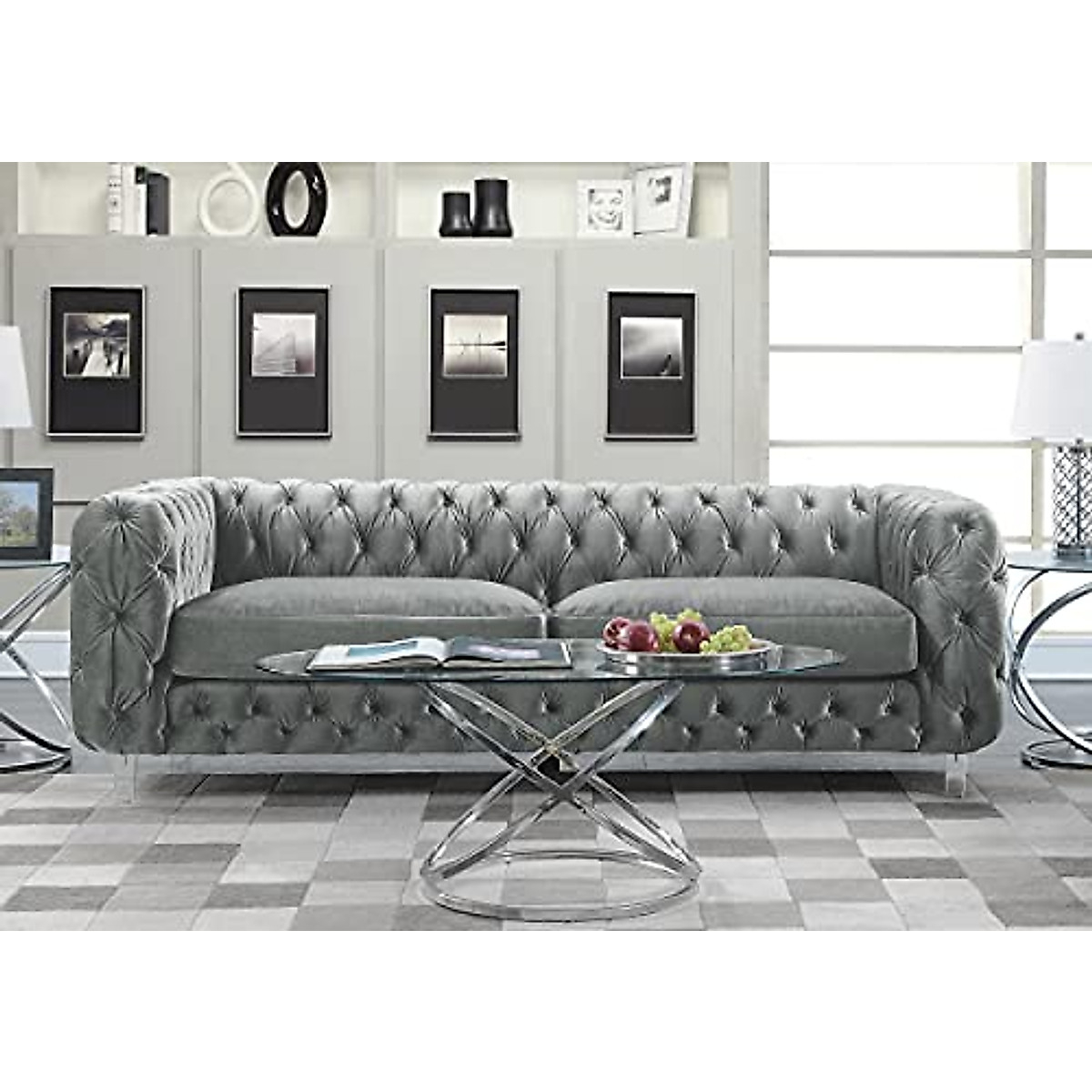 Iconic Home Modern Contemporary Tufted Velvet Down-Mix Cushons Acrylic Leg Sofa, Grey