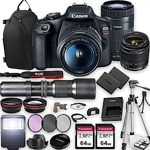 Canon EOS Rebel T7 DSLR Camera w/EF-S 18-55mm f/3.5-5.6 is II Lens + EF-S 55-250mm f/4-5.6 is STM Lens + 500mm f/8 Focus Lens + 2X 64GB Memory + Case + Filters + Tripod + More (35pc Bundle)