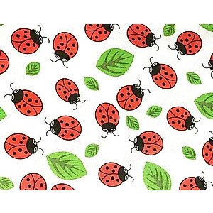 FlashPhoenix Quality Sewing Fabric - Fat Quarter 18 x 21 Inch Fabric Ladybugs, Leaves ON White Background 100% Cotton Lady Bug FQ