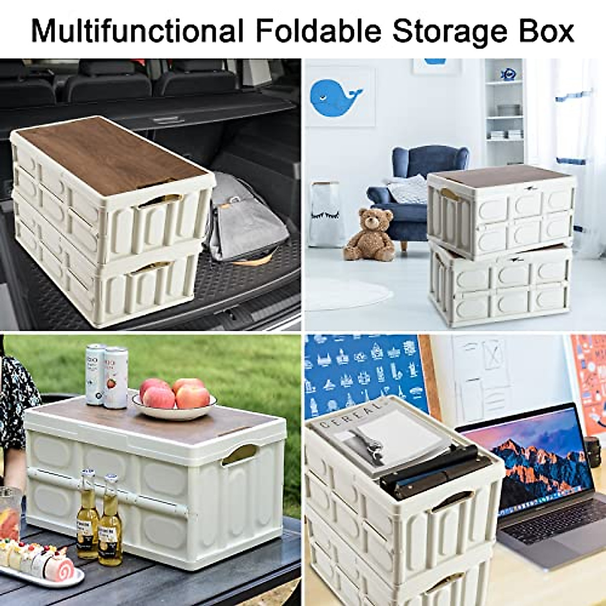 2 Packs Collapsible Storage Bins with Wood Lids, Large Foldable Plastic Storage Bins, Heavy Duty Folding Storage Box Organizer Container for Outdoor Camping Picnic Indoor Home Room Closet (50L)