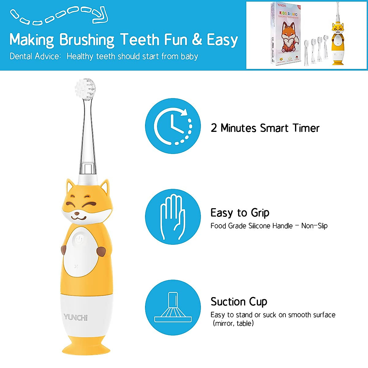 YUNCHI Baby Toothbrush, Toddler Toothbrush Age 0-4 Years, K3 Sonic Baby Electric Toothbrush with LED Smart Timer, BPA Free Baby Toothbrush 0 Months and up, Baby Toddler Electric Toothbrush 4 Heads
