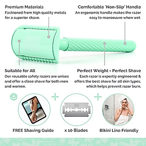 Jungle Culture Safety Razor with 10 Double Edge Blades • One Blade Metal Razors for Women & Men for Body & Face • Eco Friendly & Reusable Shaver • Green