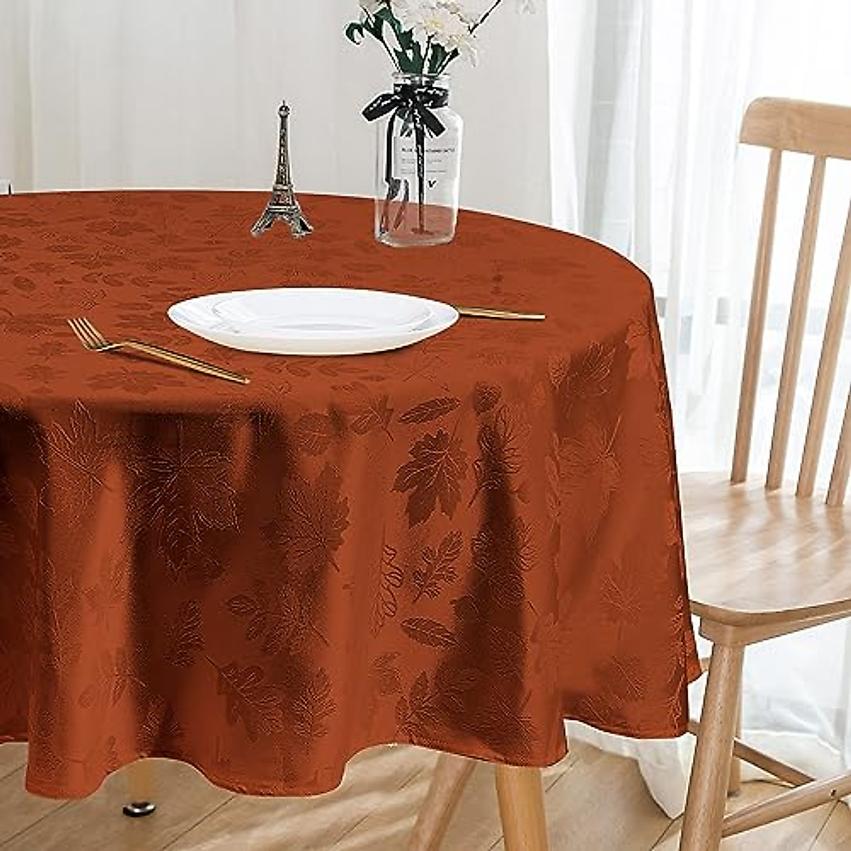 Hexagram Fall Tablecloth Round, Thanksgiving Tablecloth 70 Round inch, Jacquard Rust Maple and Fall Leaves Fabric Kitchen Table Decorations for Home