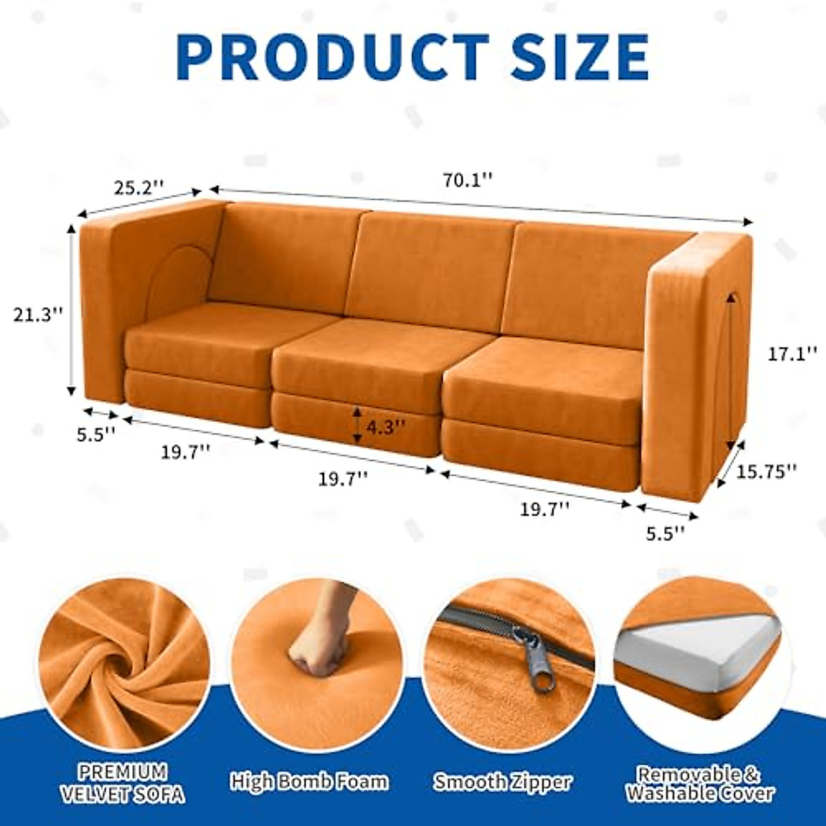 wanan Kids Couch 12PCS, Modular Kids Play Couch for Playroom Bedroom, 12 in 1 Multifunctional Kids Sofa for Playing, Creativing, Sleeping, Indoor Toddler Couch for Boys and Girls (Light Brown)