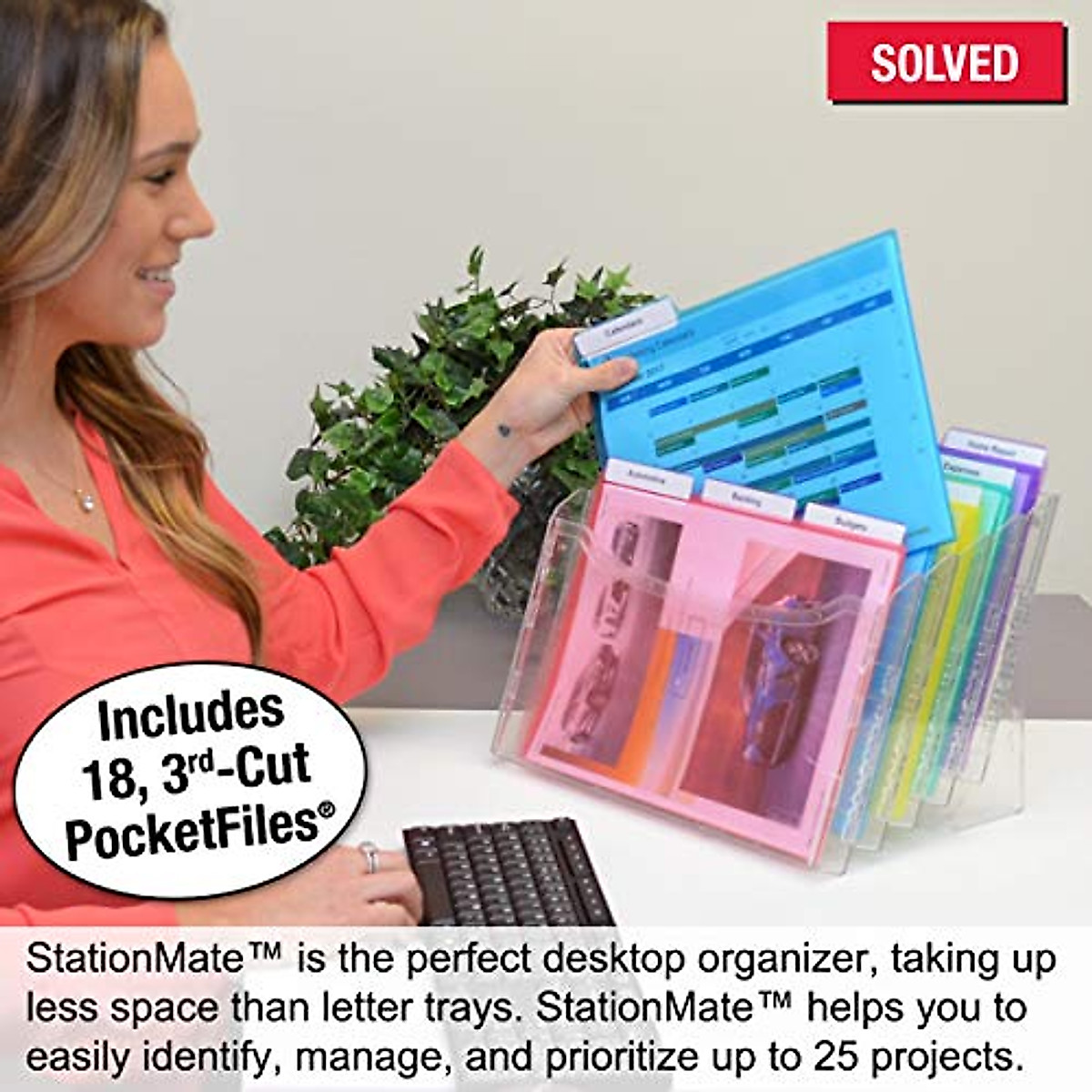 Ultimate Office StationMate StepUp Polystyrene File Desktop Organizer with 18, 3rd-Cut PocketFile Project Files, Clear