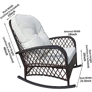 AZRBOPO Wicker Rocking Chair, Patio Rocking Armchair PE Rattan Outdoor Rocker with Soft Cushion Chair for Backyard, Porch Max Load 350LBS - Brown Wicker with White Cushions
