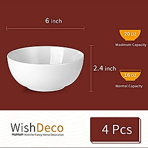 WishDeco Cereal Bowls Set of 4, Ceramic Soup Bowls, 20 Ounce Breakfast Bowls, 6" White Bowls for Dessert, Oatmeal, Pasta, Noodle, Salad, Rice, Microwave & Dishwasher Safe