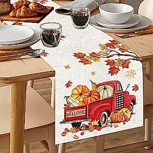 Fall Thanksgiving Table Runner 72 Inch, Red Truck Fall Decorations for Home Orange Leaves Pumpkin Thanksgiving Table Decorations for Coffee Table Dining Room Kitchen Entryway Table Top Mantle Decor