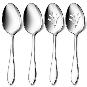 E-far Serving Spoons, 4-Piece Stainless Steel Serving Utensils Set - Solid Spoons x 2, Slotted Spoons x 2, Metal Hostess Serving Tablespoons for Catering Buffet Party Kitchen Restaurant