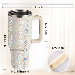 Ochapa 40 oz Tumbler with Handle Leopard Straw Lid Insulated Stainless Steel Vacuum Reusable Cup Holder Friendly Keep Drinks Cold Gifts for Women Lover Car Gym Travel, White Cheetah+Black Cheetah