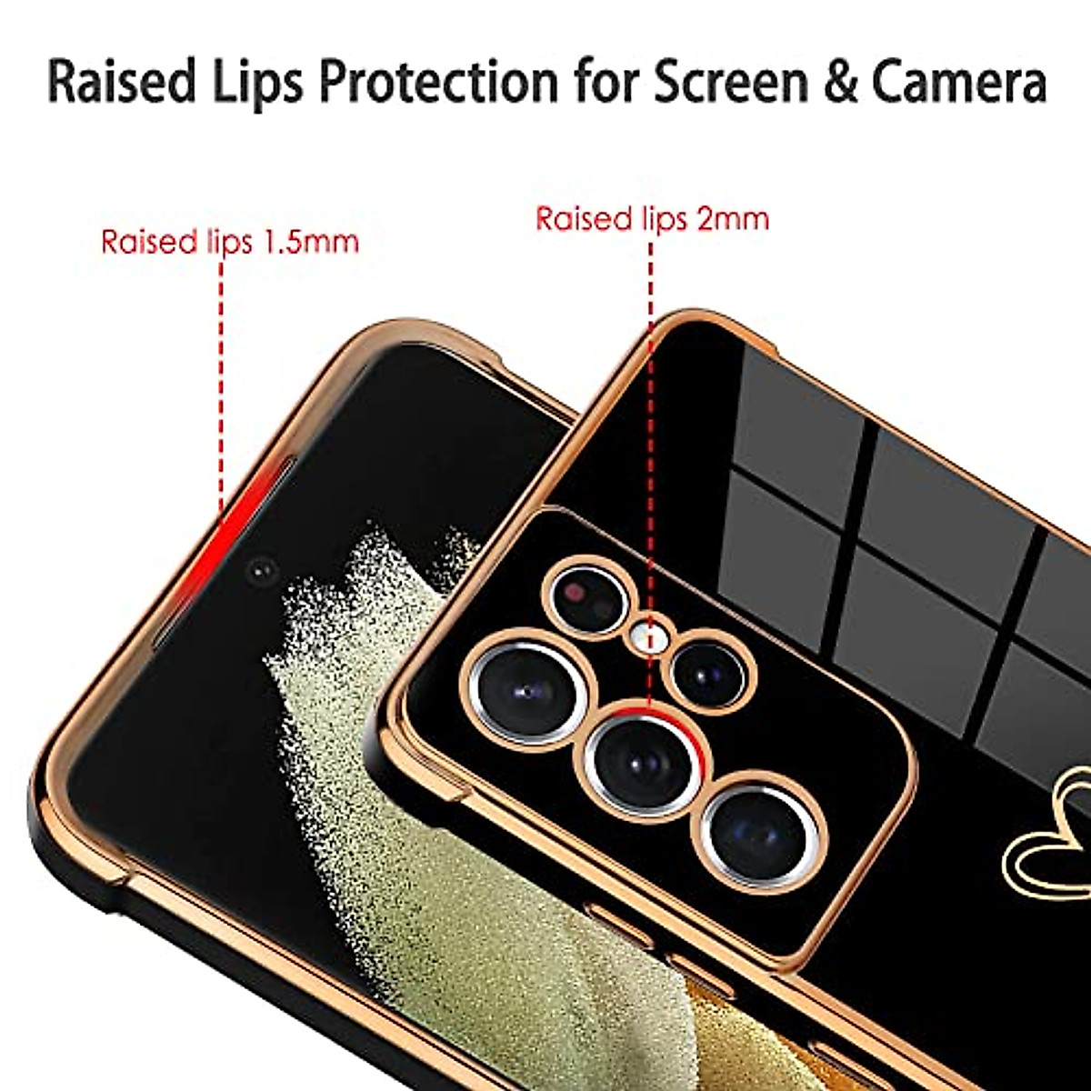 AIGOMARA Compatible Samsung Galaxy S21 Ultra Case Heart Design Plating Cover Full Body Shockproof Protection Anti-Scratch Soft TPU Slim Wireless Charging Case for Galaxy S21 Ultra 6.8 Inch - Black