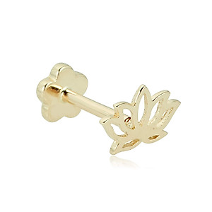 AVORA 14K Yellow Gold Lotus Flower Cartilage Piercing Flat Back Earring Body Jewelry (18 Gauge)