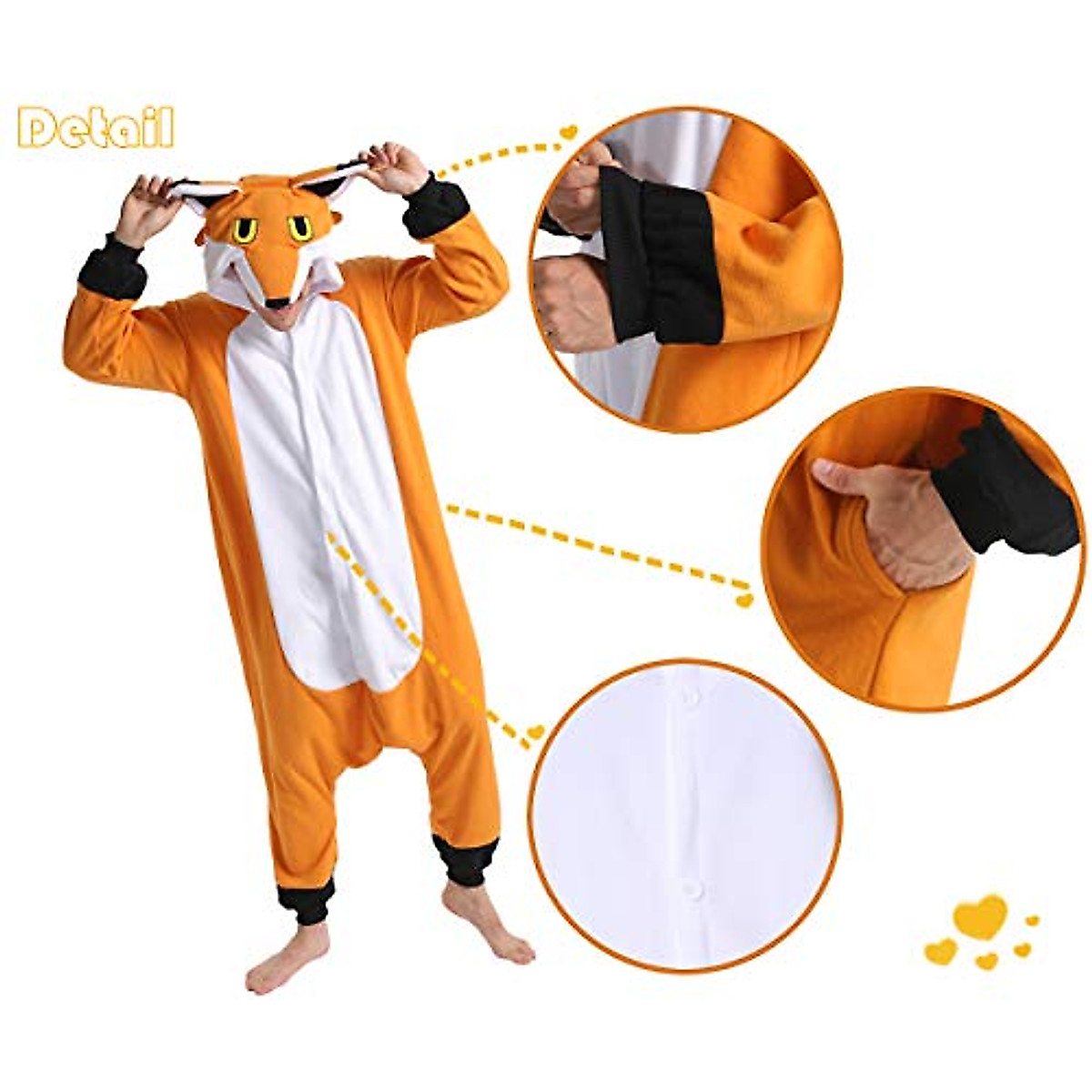 dressfan Animal Fox Onesie Fox Costume Cosplay Costume Fox Pajamas One Piece Sleepwear Orange for Unisex Adults Teens Kids