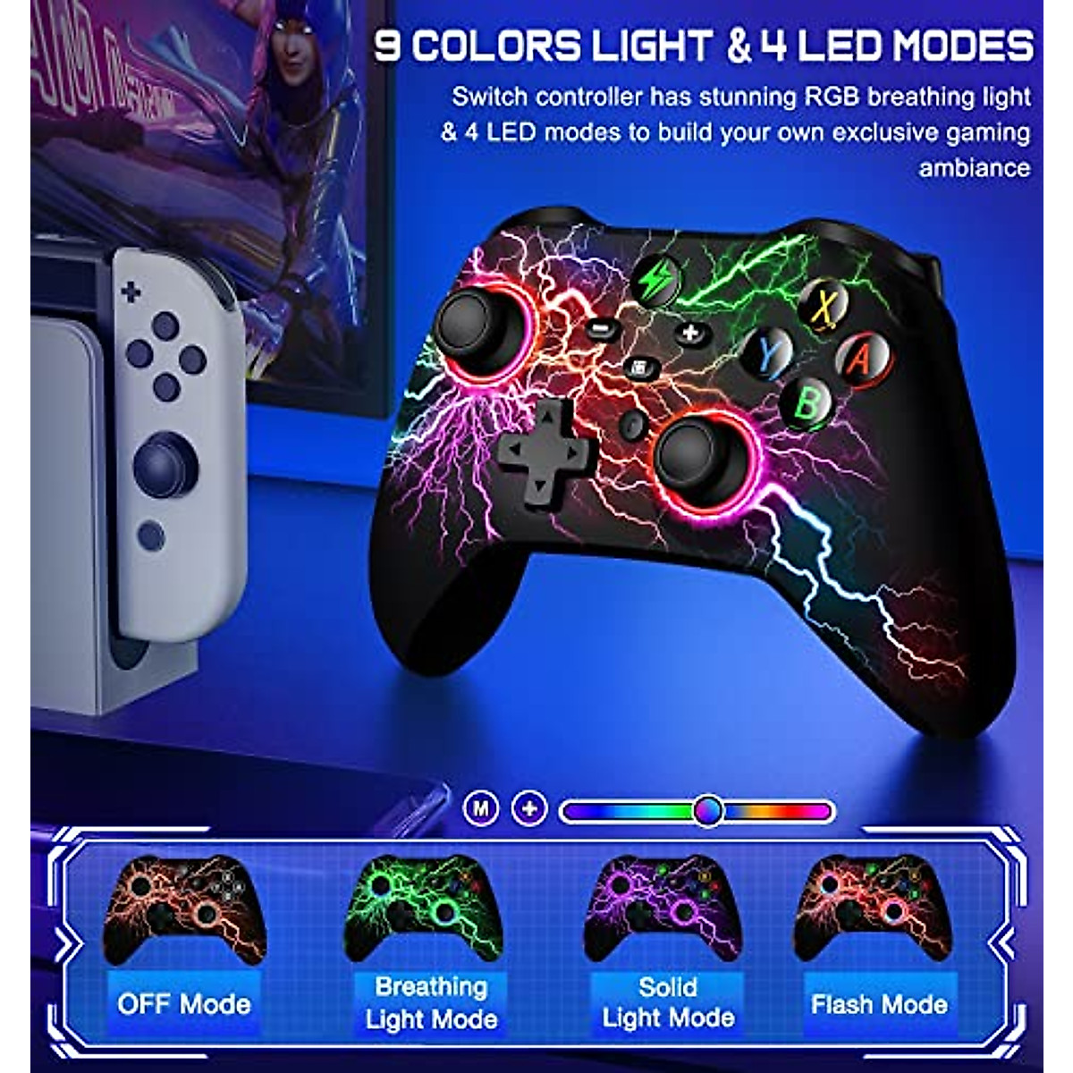 Wireless Switch Pro Controller for Nintendo Switch Controller/Lite/OLED, LED Wired Windows PC Gmaepad-Wireless iOS/Android Remote with Cool RGB Light/Programmable
