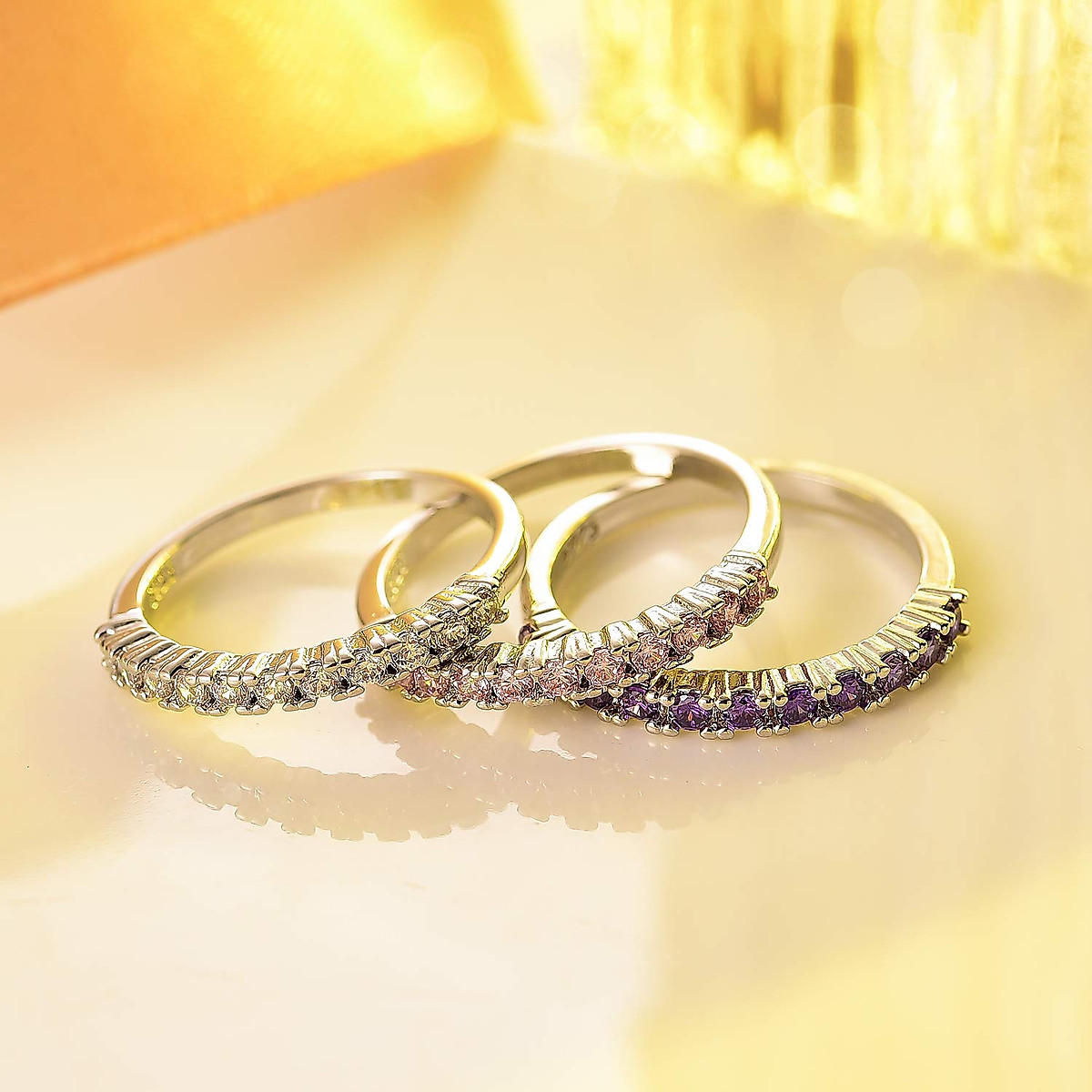 MADEONE Gifts for Mothers Day 18K White Gold Plating Excellent Cut Cubic Zirconia Single Stackable Eternity Wedding Bridal Ring hypoallergenic Rings for women with Box Packing (purple)