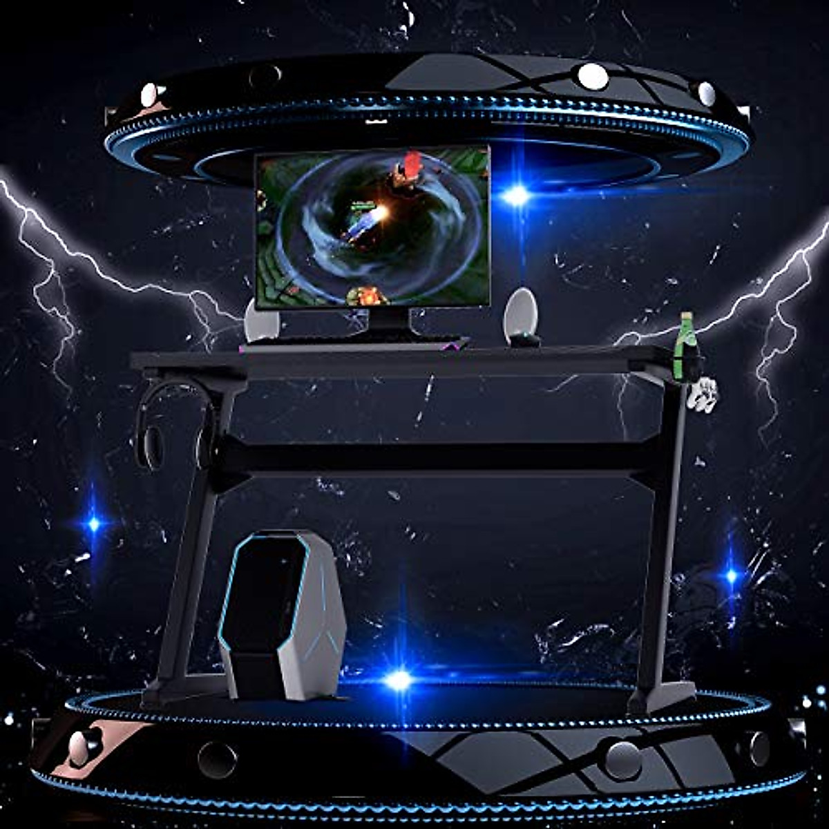 Tangkula Gaming Desk, Z Shaped Ergonomic Gaming Computer Desk, E-Sports Game Desk with Cup & Headphone Holder and Mouse Pad, Gamer Workstation, Carbon Fiber Surface and Z-Shape Steel Frame (Black)