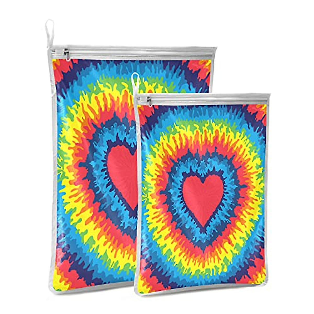 Poeticcity Colorful Heart, Love, Rainbow Tie Dye Background 2 Pack Polyester Reusable Machine Washable Mesh Laundry Bags, Travel Dirty Bag for Bra, Socks, Shoes on Home Camp Trip