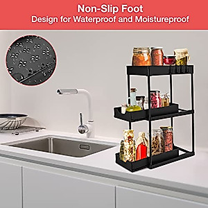 Solesoul 3-Tier Under Sink Organizers and Storage Unit - Bathroom and Kitchen Sink Organizers with 4 Hooks - Multi-Purpose Cabinet Organizer Shelf with Sliding Drawers - Black- White- Gray (Black)