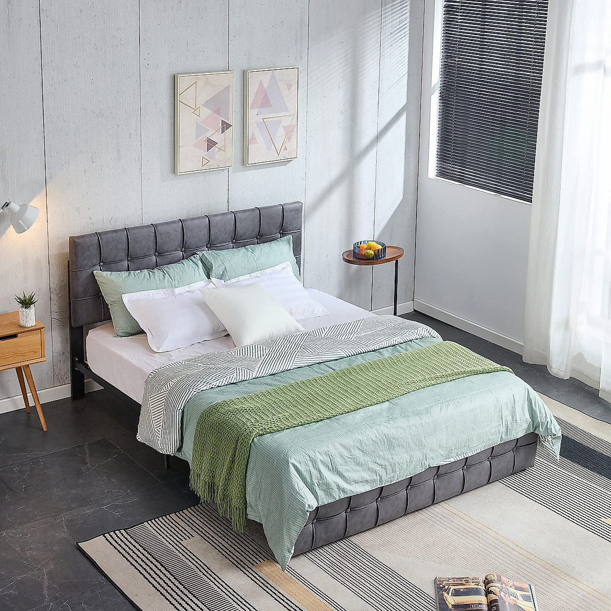 LAVHOME Size, Modern Upholstered Platform Adjustable Headboard, Heavy Duty Button Tech Cloth Bed Frame with Wood Slat Support, Easy Assembly, No Box Spring Needed (Grey, Queen (U.S. Standard)