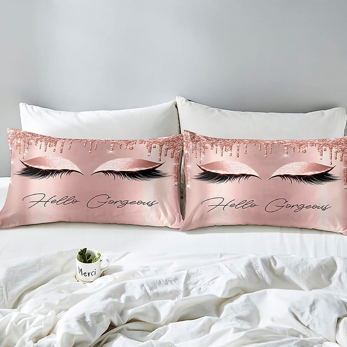 VIVIHOME 3PCS Hello Gorgeous Duvet Cover Queen Set, Luxury Rose Gold Glitter Bling Eyelash Makeup Glam Girly Fashion Bedding Set, Comforter Cover, Pink Bedroom Decor for Women Teen Girl, 2 Pillowcases
