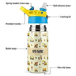 Mrokouay Custom Cartoon Excavator Car Kids Water Bottle with Straw Lid Personalized Add Your Text Stainless Steel Sports Water Bottles Customized Reusable Leak-Proof Toddlers Cup for School, Travel